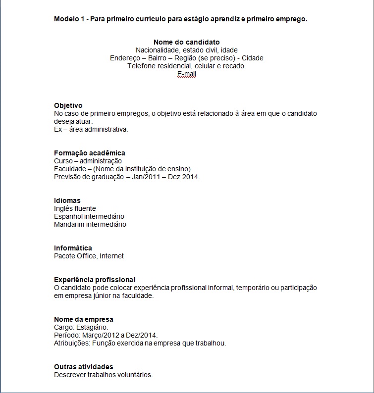 Modelo 1 de curr culo para primeiro emprego Modelo 1 de curr culo para primeiro emprego